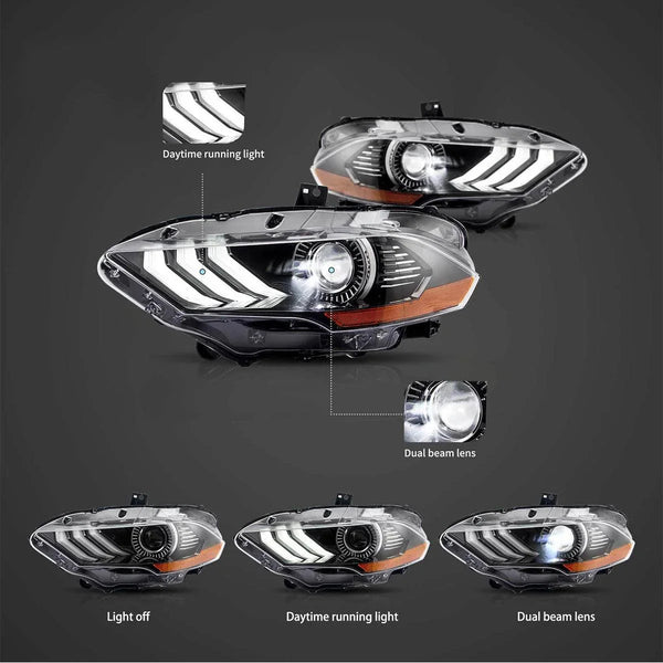 2018 Up Ford Mustang LED Headlight Assembly RGB Projector Dual Beam Black