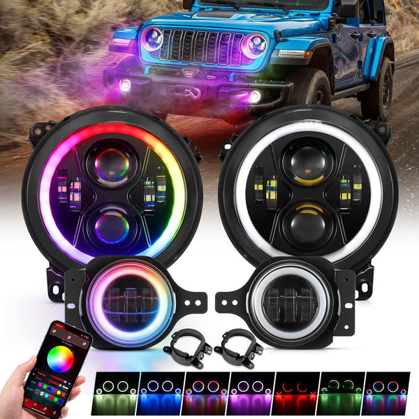 Upgraded RGB 9 Inch Headlights + 4 Inch Fog Lights Combo for Jeep Wran