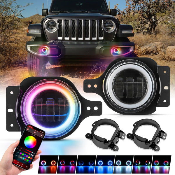 Upgraded 4 Inch LED Fog Lights with RGB Halo Ring & Turn Signal Light,