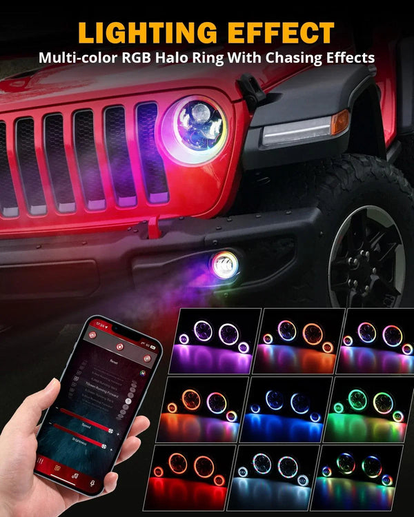 Upgraded RGB 9 Inch Headlights + 4 Inch Fog Lights Combo for Jeep Wran