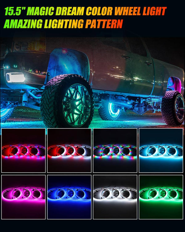 15.5" RGB LED Wheel Ring Lights Magic Dream Color Neon Rim Light with ...